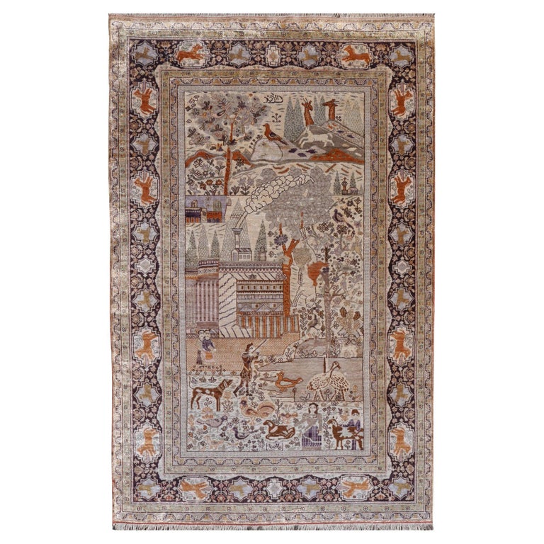 Pictorial Turkish Silk Rug For Sale at 1stDibs