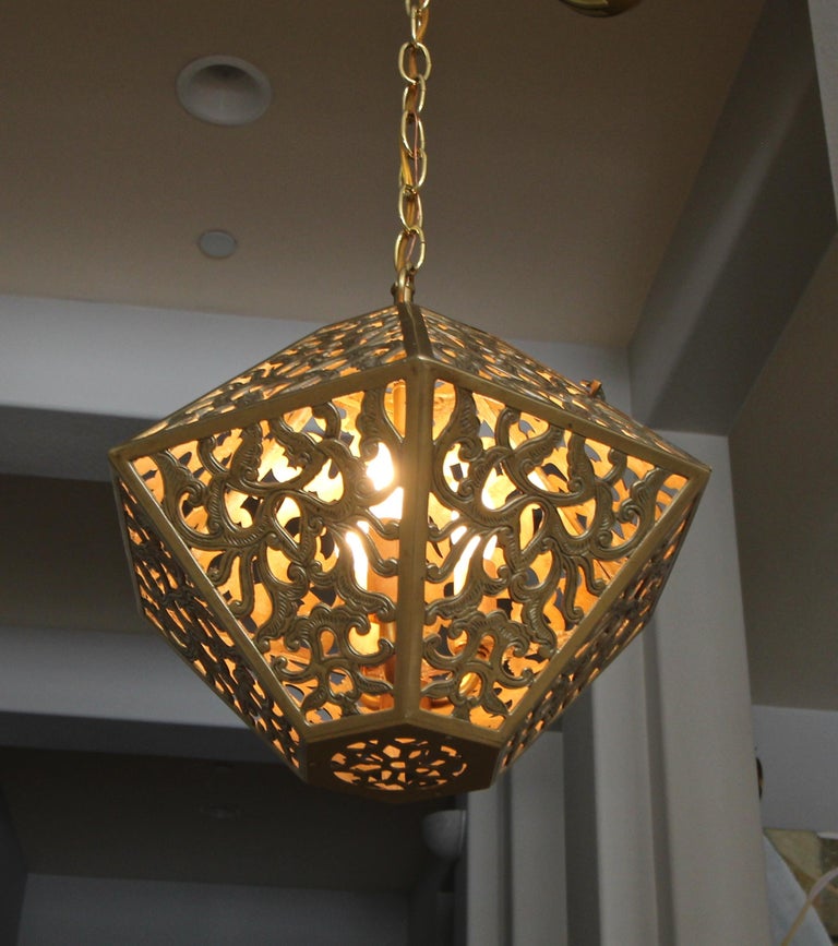 Pierced Filigree Brass Japanese Asian Ceiling Pendant Light at 1stDibs