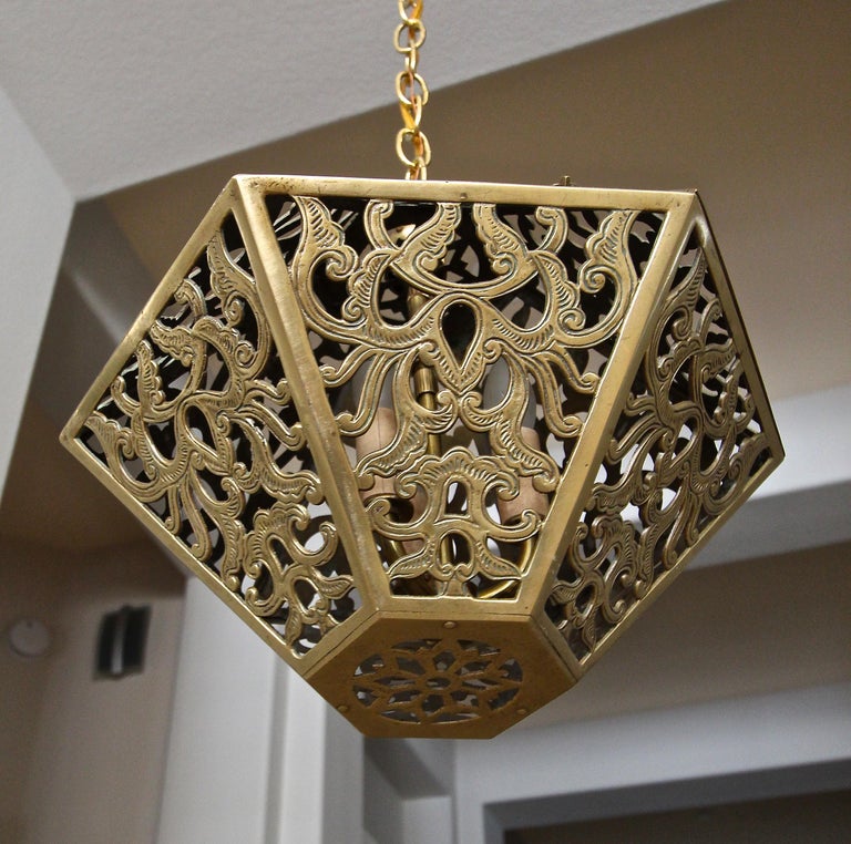 Pierced Filigree Brass Japanese Asian Ceiling Pendant Light at 1stDibs