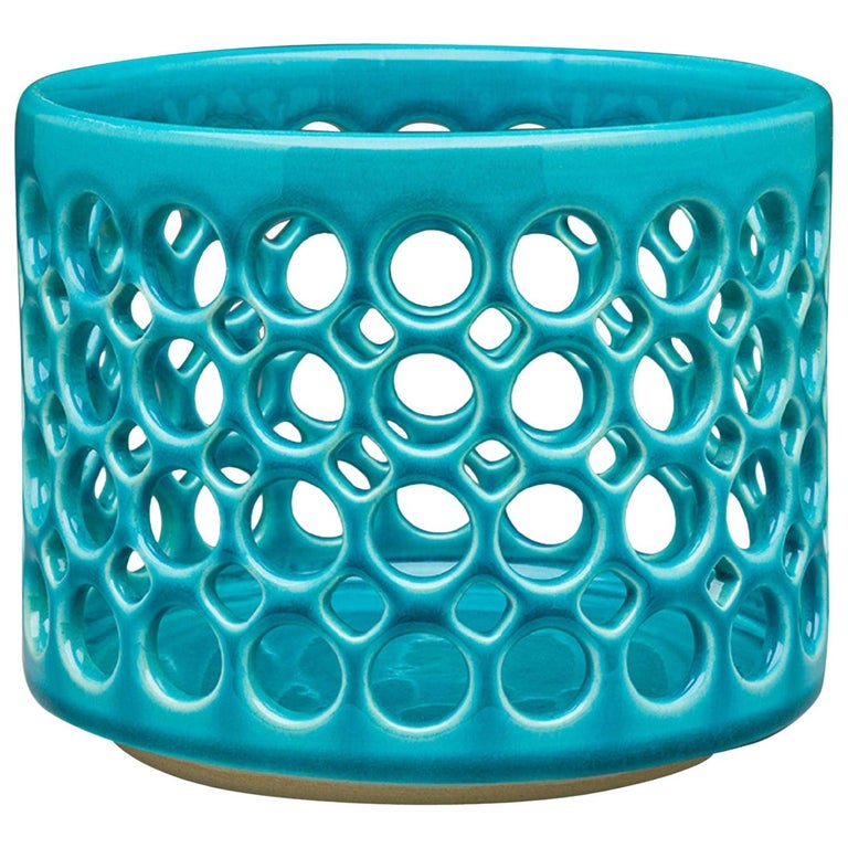 Pierced Ceramic Turquoise Cylindrical Bowl, in Stock For Sale at 1stDibs