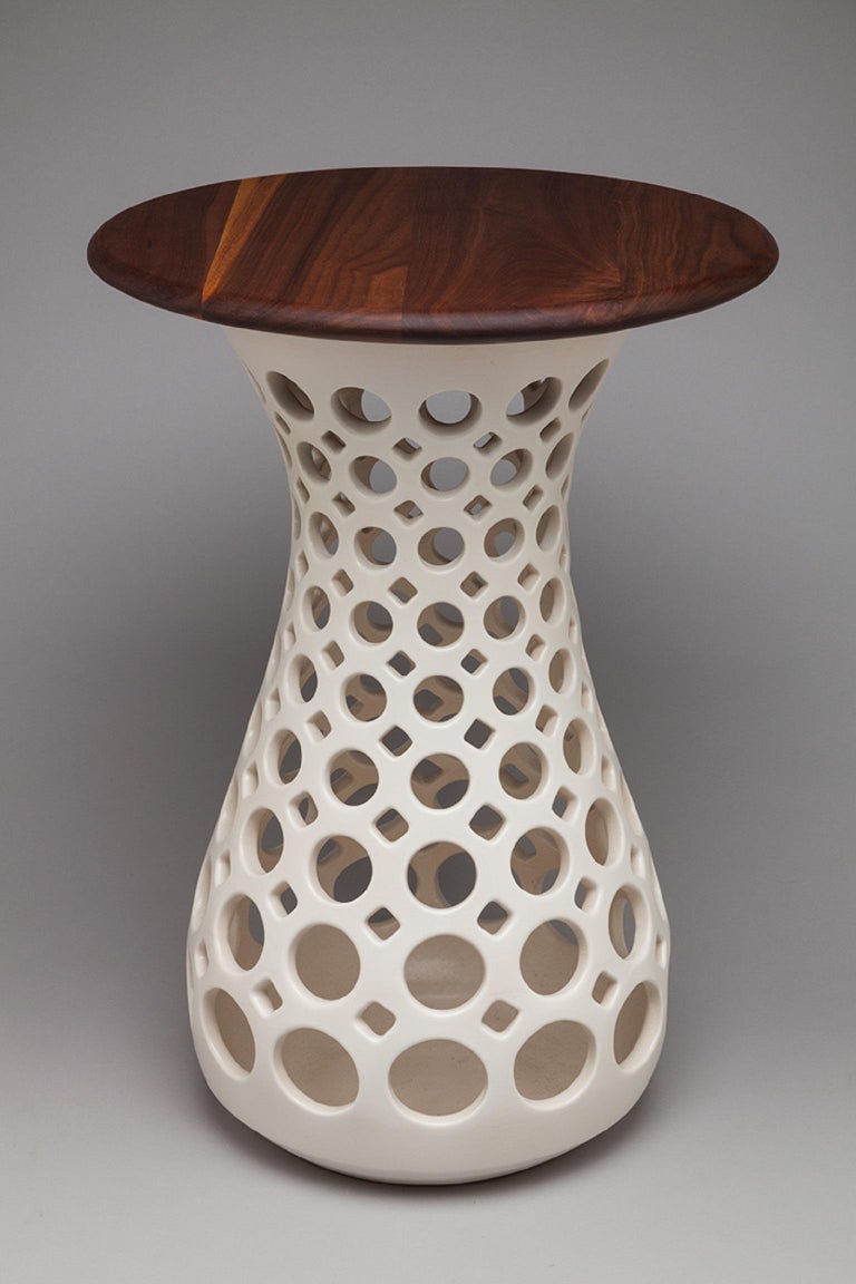 Pierced White ceramic Side Table with Walnut Top, In Stock For Sale at ...