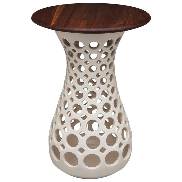 Pierced White ceramic Side Table with Walnut Top, In Stock For Sale at ...