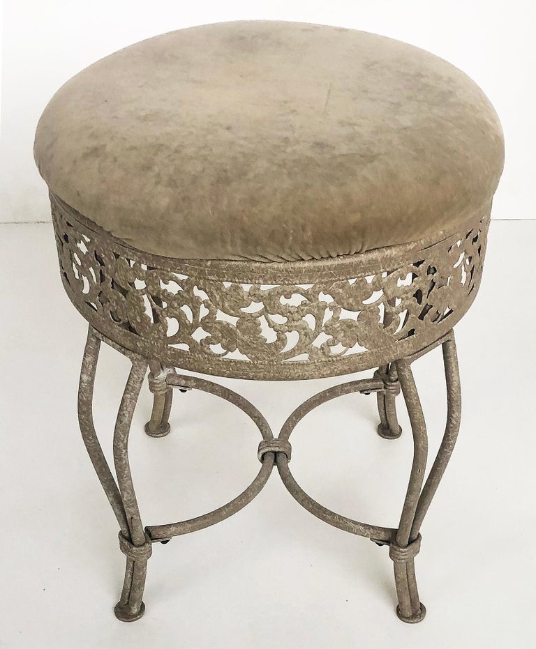 Pierced Wrought Iron Painted Upholstered Low Stool, As-Found Upholstery ...