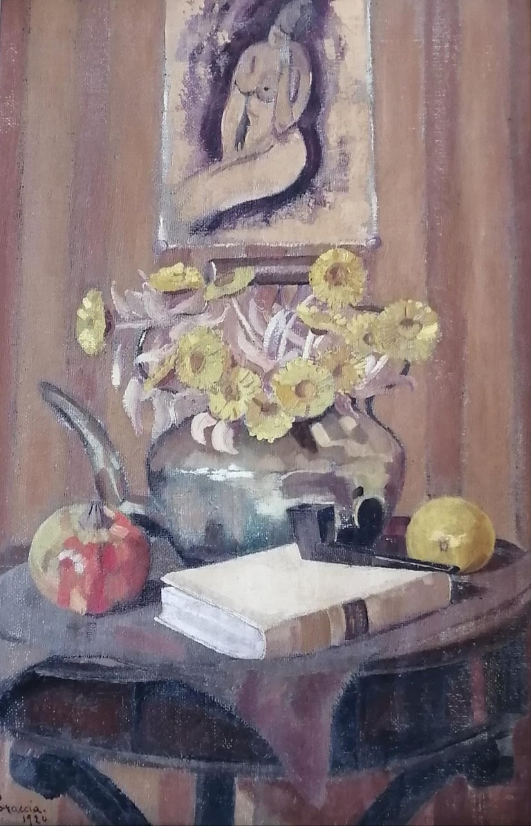 Piero Poraccia - Still life with bouquet, book, pipe and fruits For ...