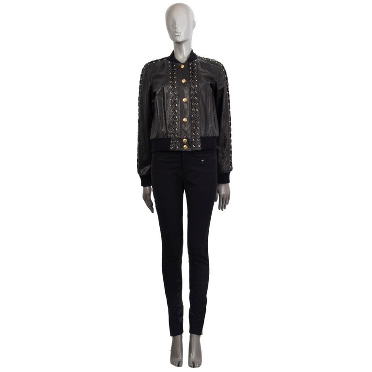PIERRE BALMAIN black LACE UP LEATHER BOMBER Jacket 42 L For Sale at 1stDibs