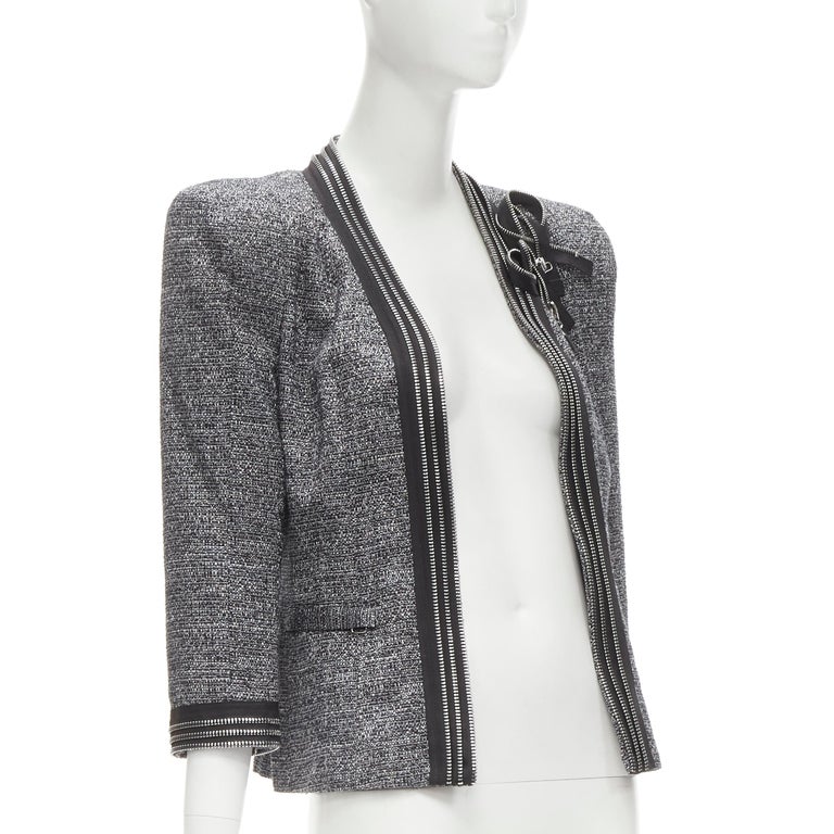 PIERRE BALMAIN metallic grey lurex tweed zipper trim blazer jacket FR40 ...