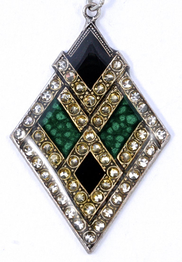 Pierre Bex Art Deco Style Silver Plated Green Black Enamel Rhinestone ...