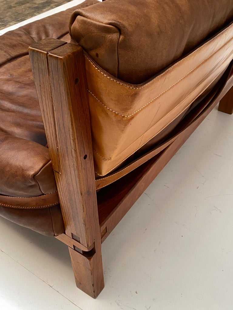 Pierre Chapo, Bench S18y "Love Seat", Elm Wood and Original Leather ...