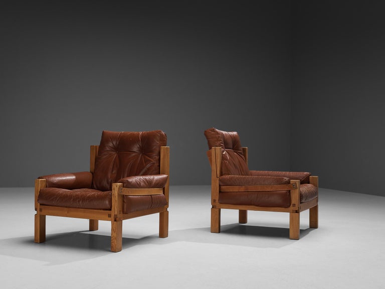Pierre Chapo Pair of 'S15' Lounge Chairs in Elm and Brown Leather For ...