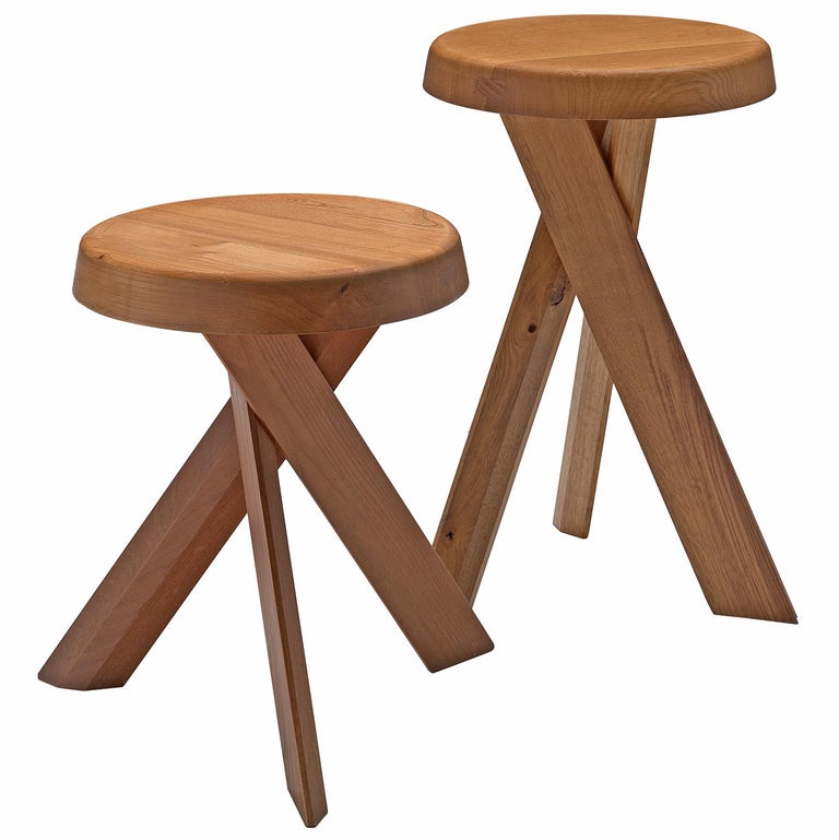 Pierre Chapo Pair of Stools in Solid Elm at 1stDibs