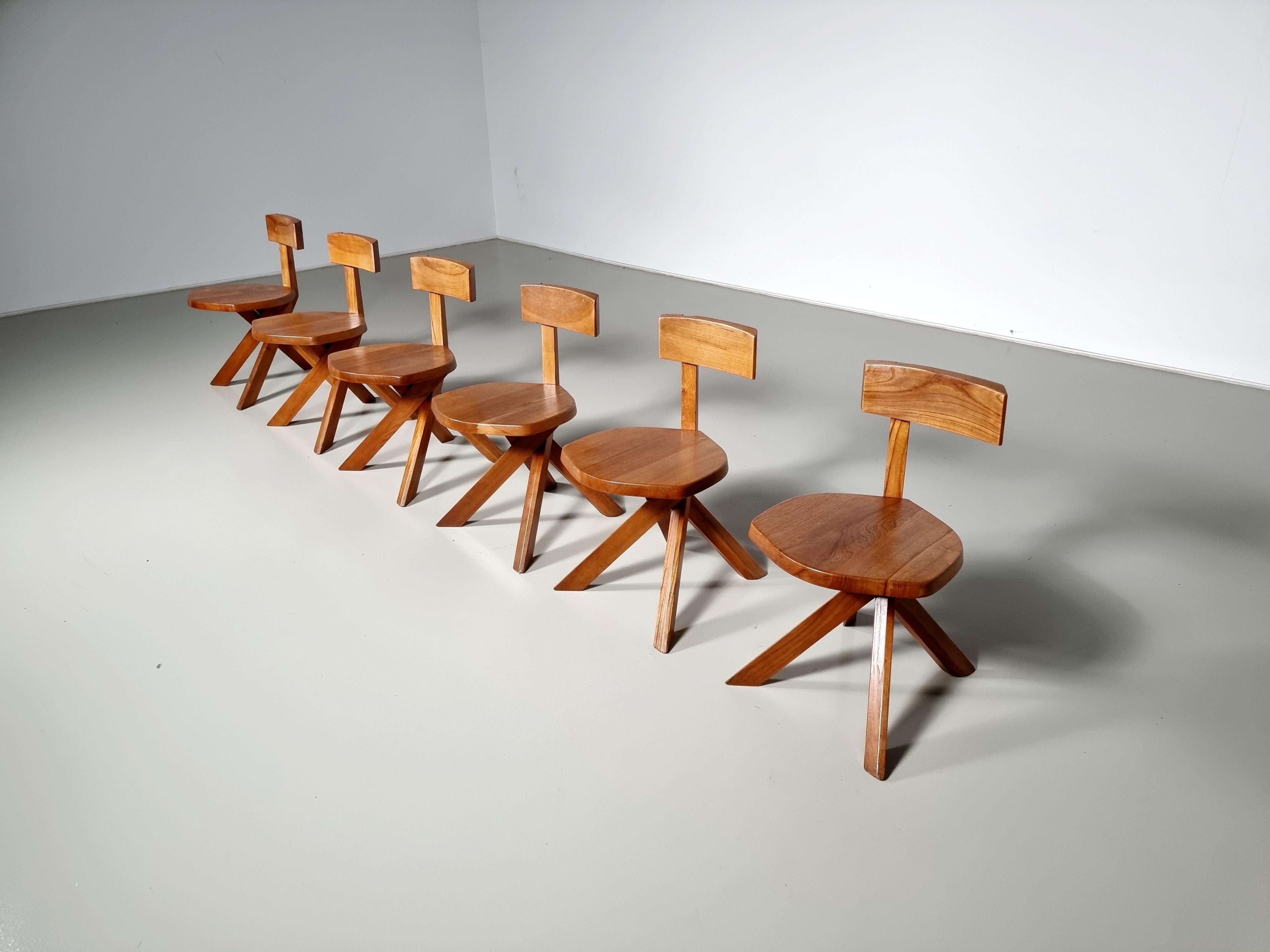 Pierre Chapo ‘S34’ Dining Chairs in Solid Elm, 1960s at 1stDibs