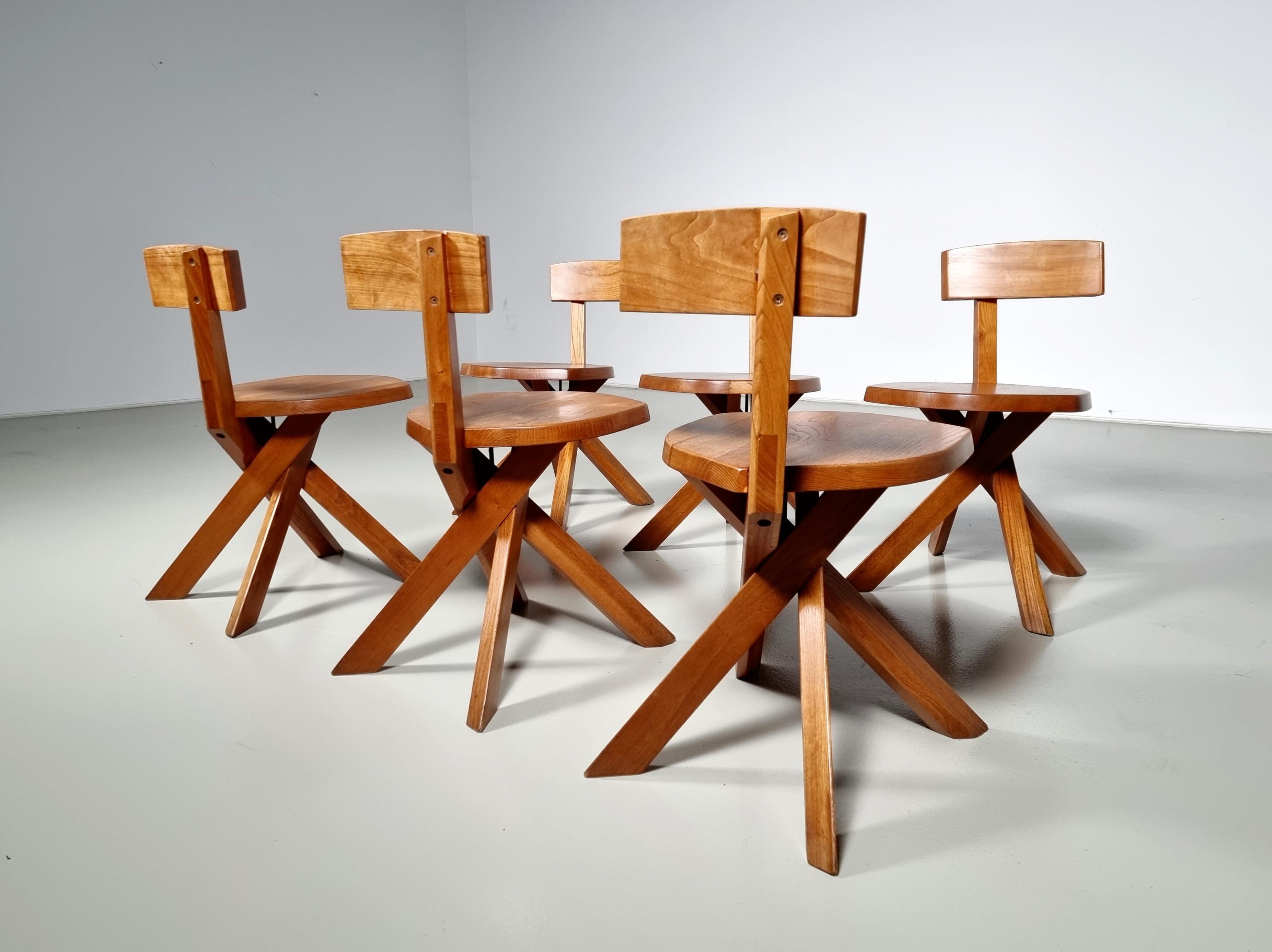 Pierre Chapo ‘S34’ Dining Chairs in Solid Elm, 1960s at 1stDibs