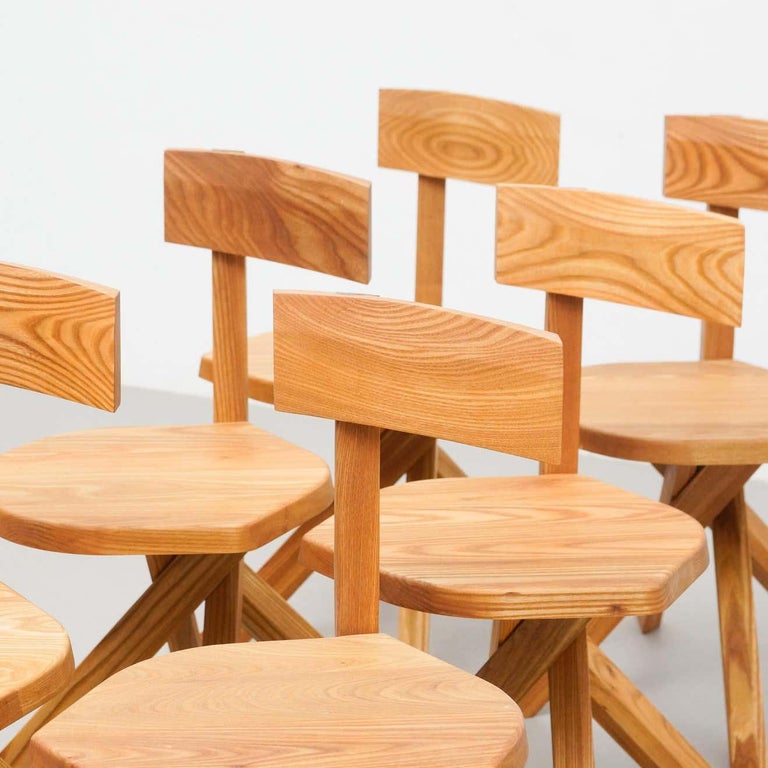 Pierre Chapo Set of Six Chairs, Solid Elmwood For Sale at 1stDibs
