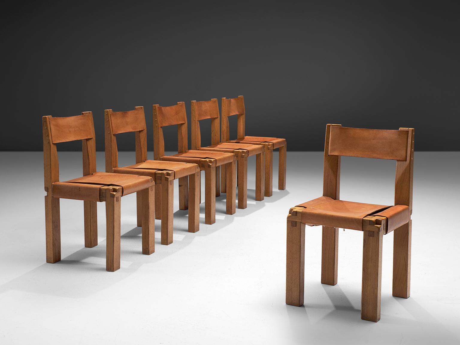 Pierre Chapo Six Dining Chairs in Solid Elm and Cognac Leather at ...