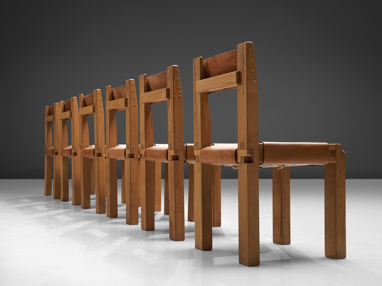 Pierre Chapo Six Dining Chairs in Solid Elm and Cognac Leather at ...