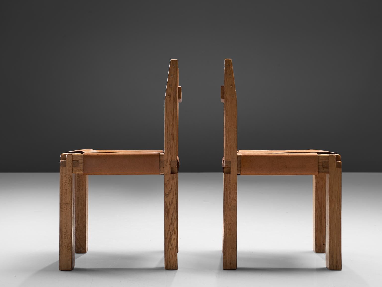Pierre Chapo Six Dining Chairs in Solid Elm and Cognac Leather at ...