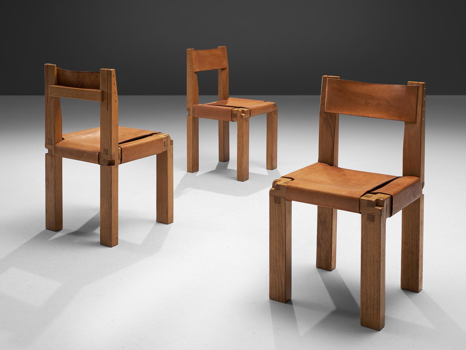 Pierre Chapo Six Dining Chairs in Solid Elm and Cognac Leather at ...
