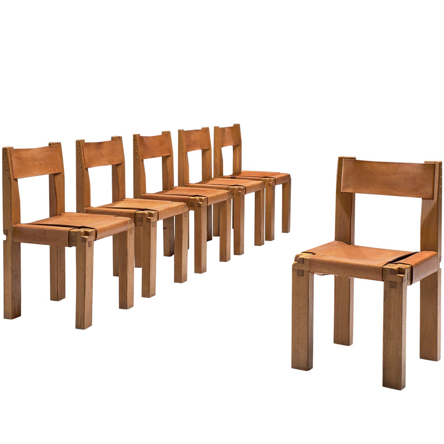 Pierre Chapo Six Dining Chairs in Solid Elm and Cognac Leather at ...
