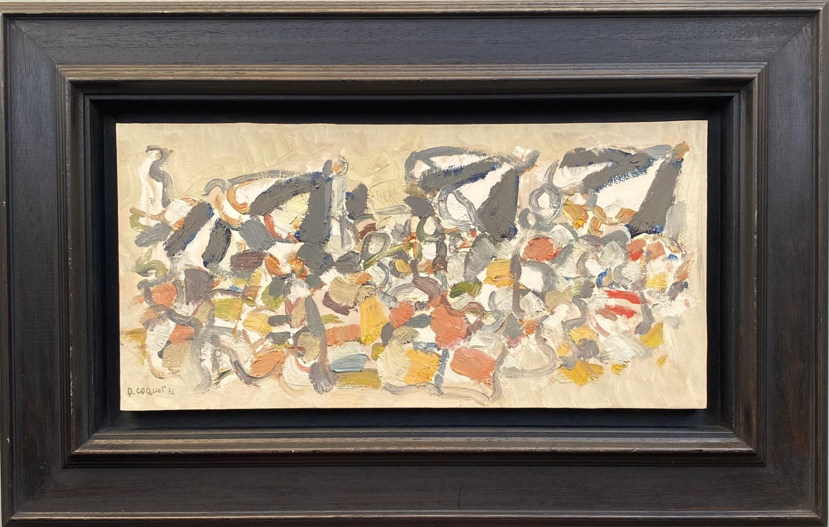 Pierre Coquet - Parasols gris sur la plage de Cannes, peinture à l ...