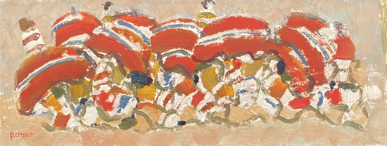 Pierre Coquet - Red sunbeaches umbrellas in Cannes, oil painting by ...