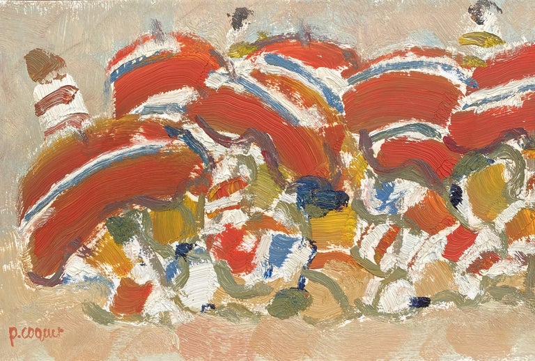 Pierre Coquet - Red sunbeaches umbrellas in Cannes, oil painting by ...