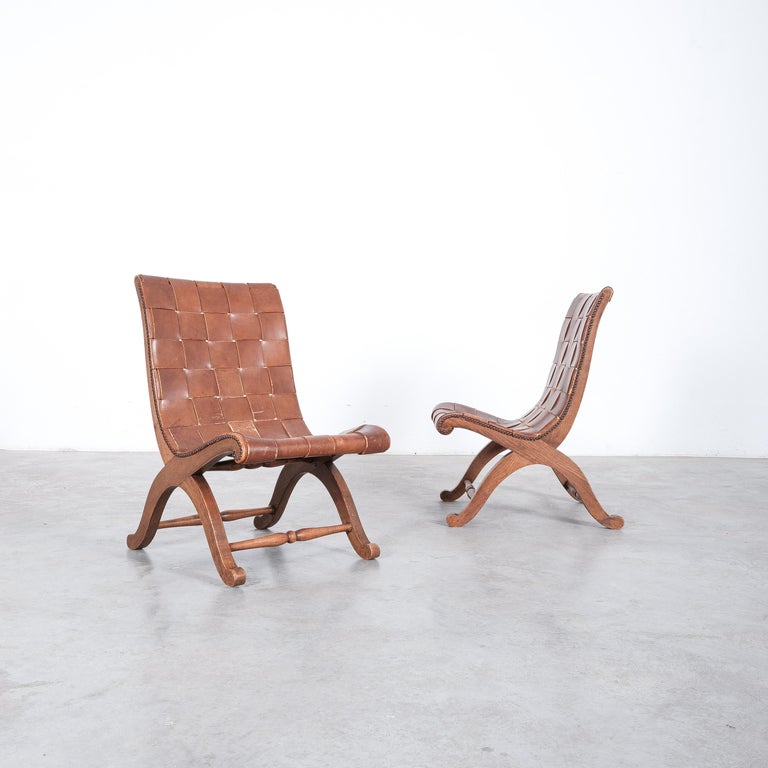 Pierre Lottier Woven Belt Leather Oak Chairs For Valenti, Spain 1950 ...