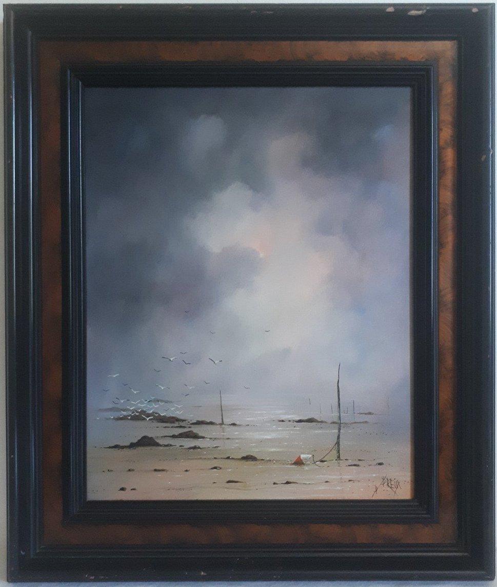 Pierre Preux - Birds flying the storm at the beach, original oil on ...