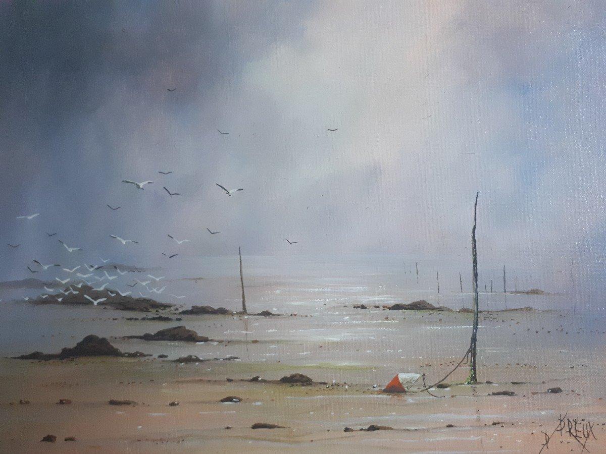 Pierre Preux - Birds flying the storm at the beach, original oil on ...