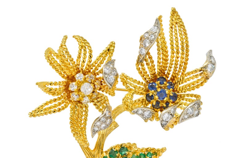 Pierre Sterlé 1960s Diamond Sapphire Emerald 18 Karat Gold Flower ...