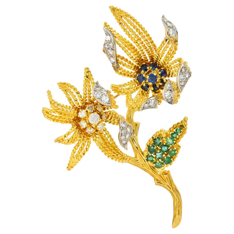 Pierre Sterlé 1960s Diamond Sapphire Emerald 18 Karat Gold Flower ...