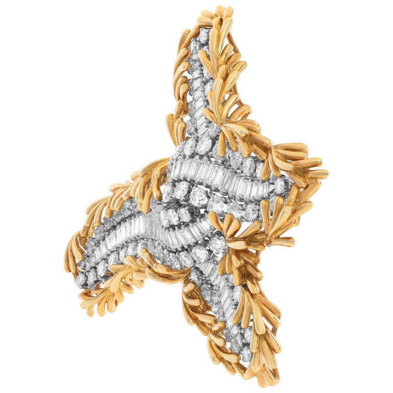 Pierre Sterle Paris Vintage Large Wide Diamonds, Platinum and 18k Broo ...