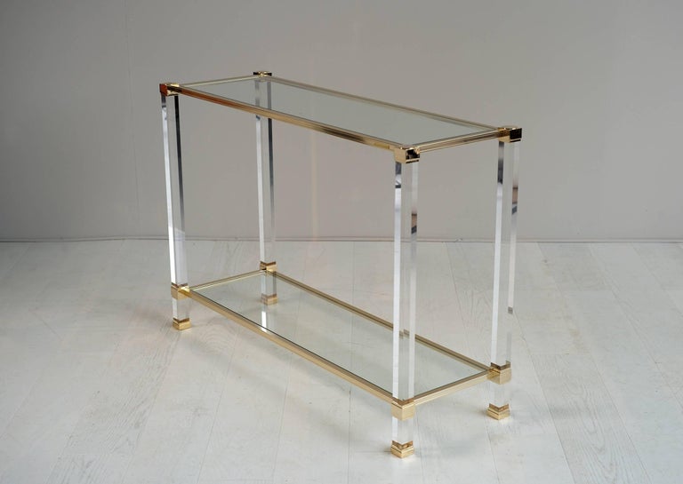 Pierre Vandel Paris, Console in Plexiglass, Glass and Gold Metal, France 1970 at 1stDibs