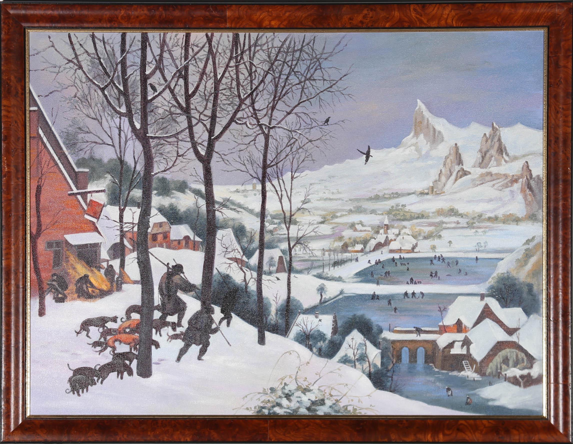 D'après Pieter Brueghel - 20e siècle Huile, Chasseurs dans la neige En ...