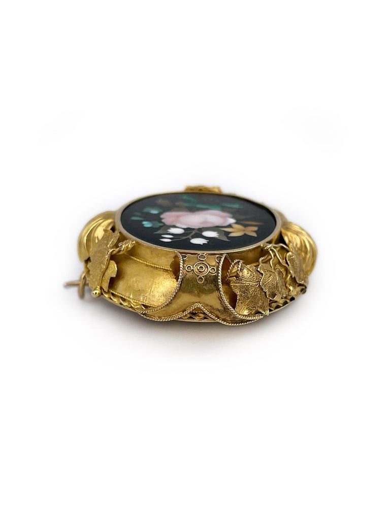 Pietra Dura 18 Karat Gold Flower Bouquet Mosaic Victorian Oval Pin ...