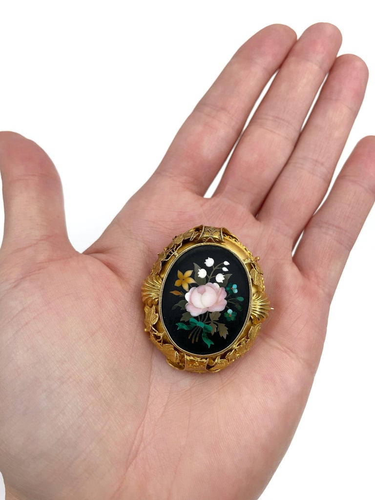 Pietra Dura 18 Karat Gold Flower Bouquet Mosaic Victorian Oval Pin ...