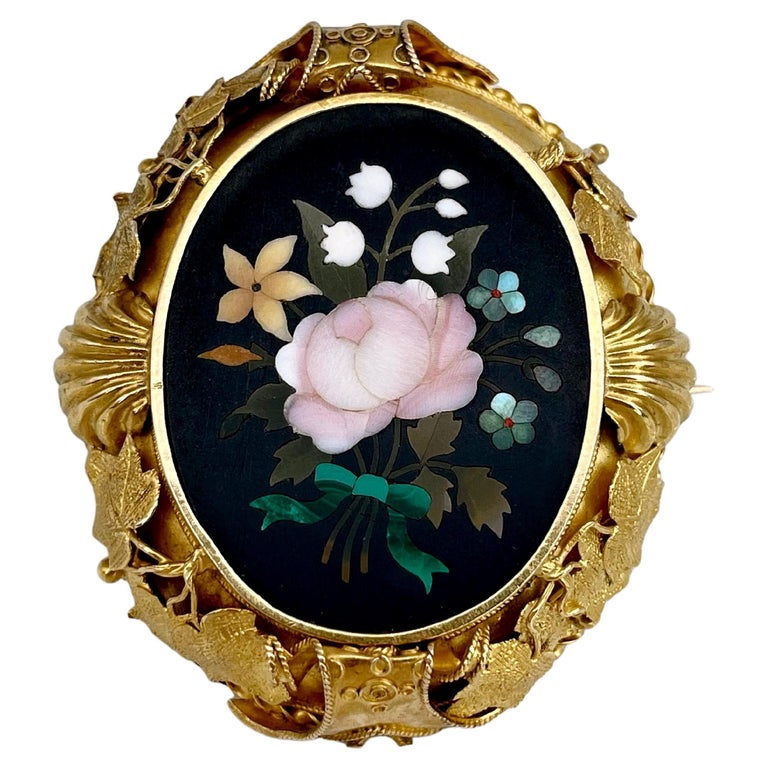 Pietra Dura 18 Karat Gold Flower Bouquet Mosaic Victorian Oval Pin ...