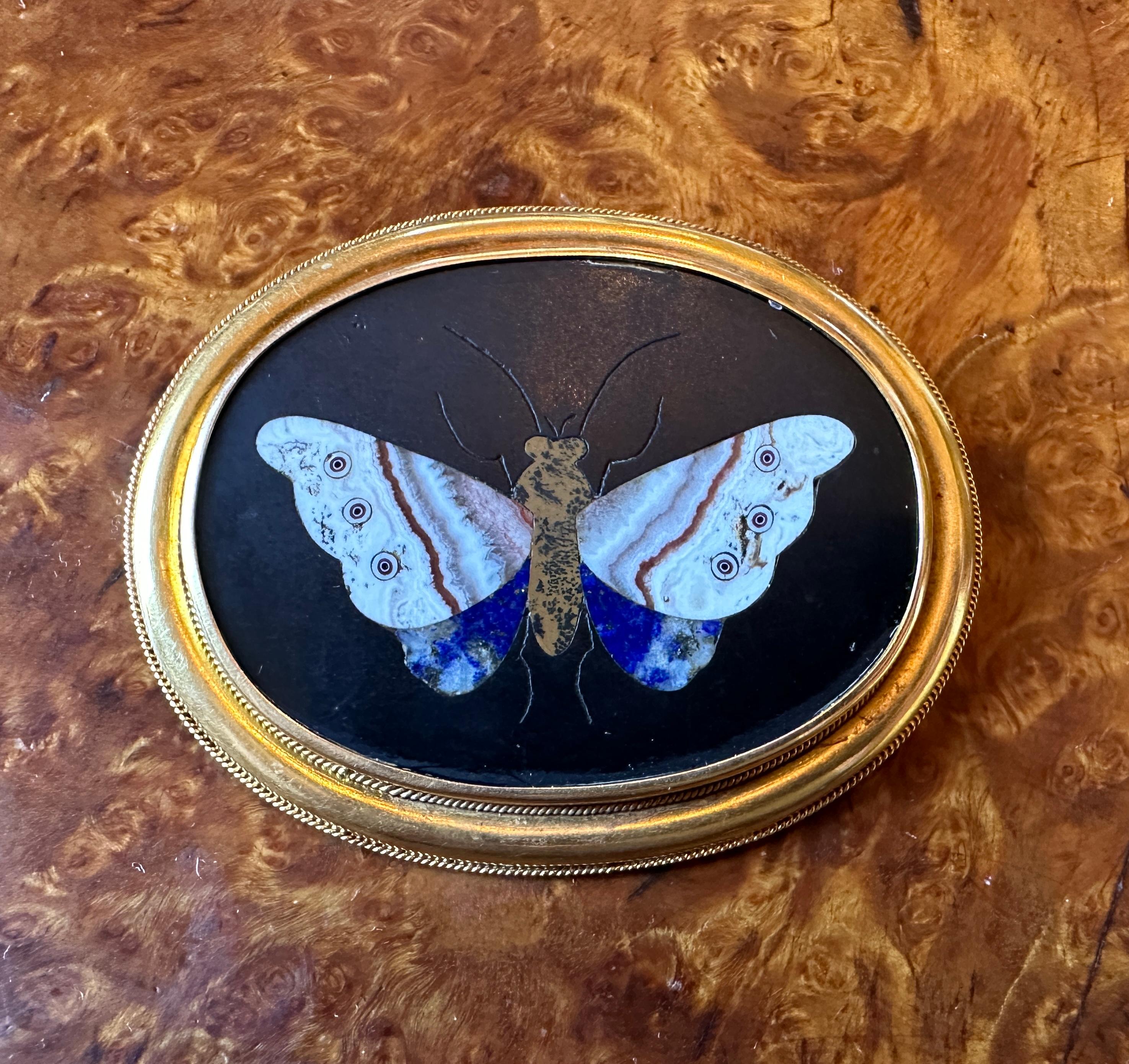 Pietra Dura Butterfly Moth Insect Brooch Pin 14 Karat Gold Antique ...