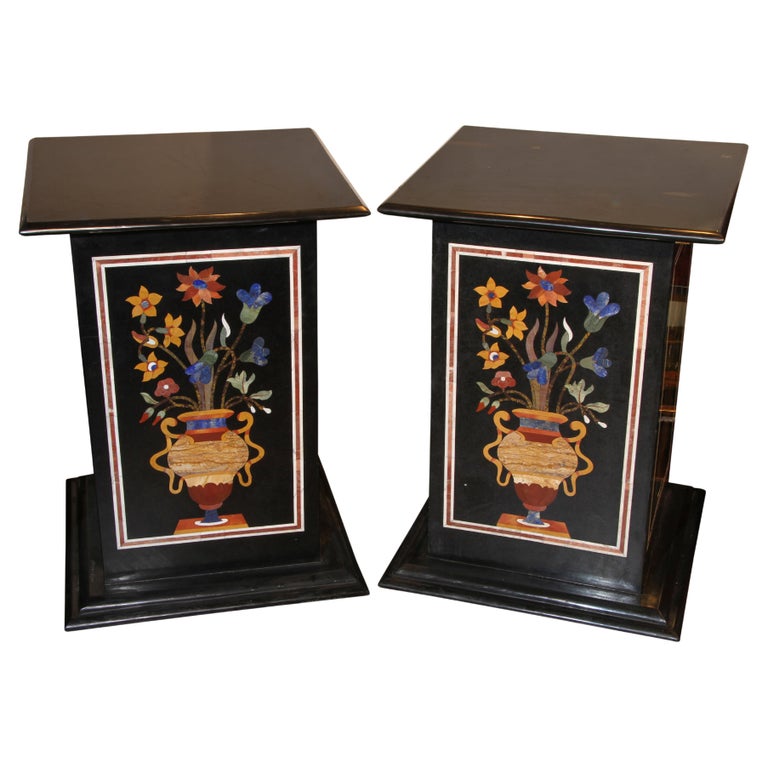 Pietra Dura Marble Stone Inlay Pedestals Pair For Sale at 1stDibs