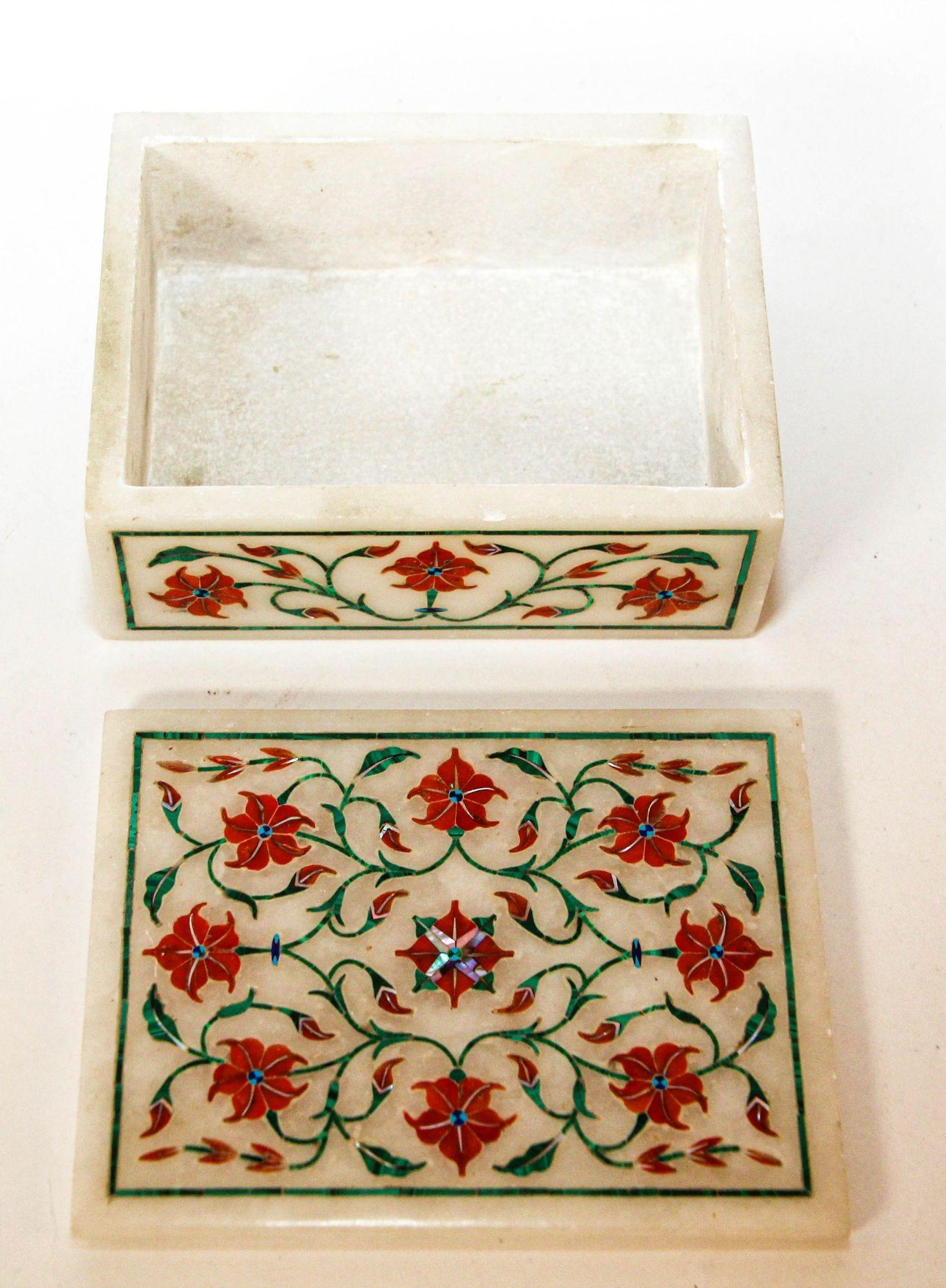 Pietra Dura Mughal Flower Motif Inlaid Marble Box Rajasthan India Lapis ...