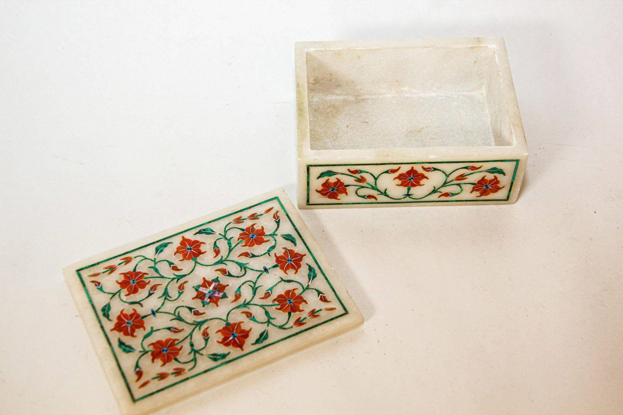 Pietra Dura Mughal Flower Motif Inlaid Marble Box Rajasthan India Lapis ...