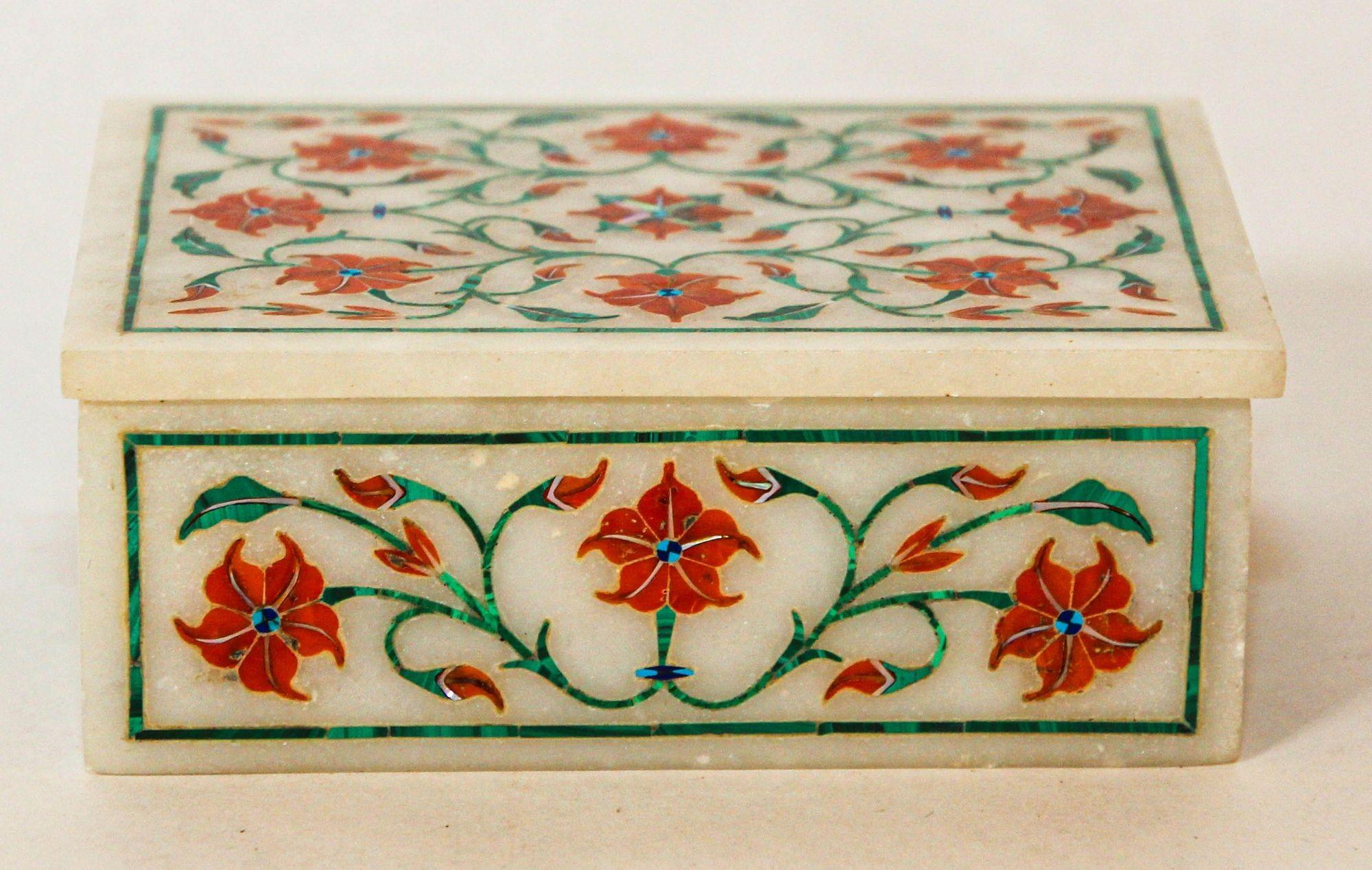 Pietra Dura Mughal Flower Motif Inlaid Marble Box Rajasthan India Lapis ...