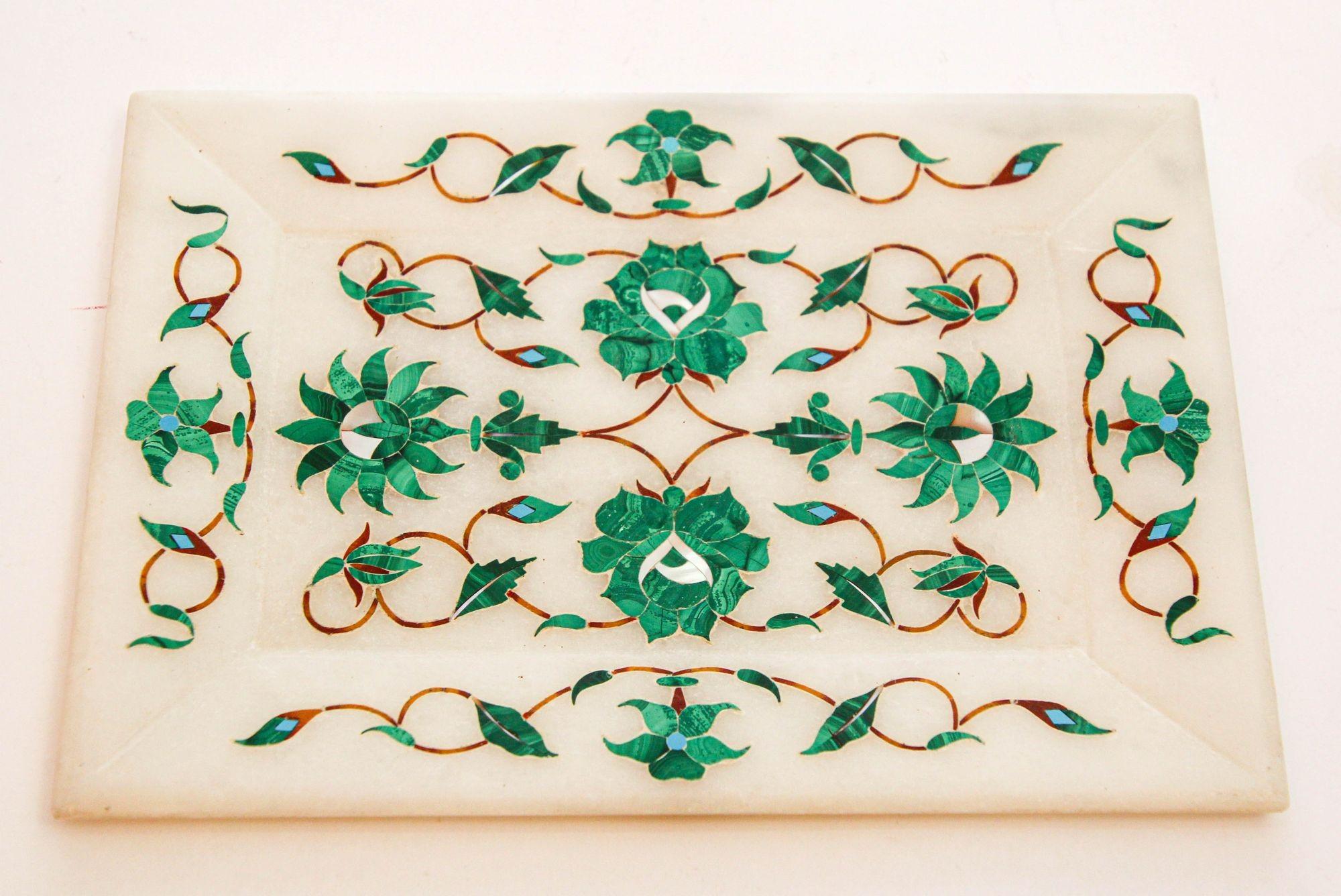 Pietra Dura White Mosaic Inlaid Marble Dish Handcrafted Agra India 1950 ...