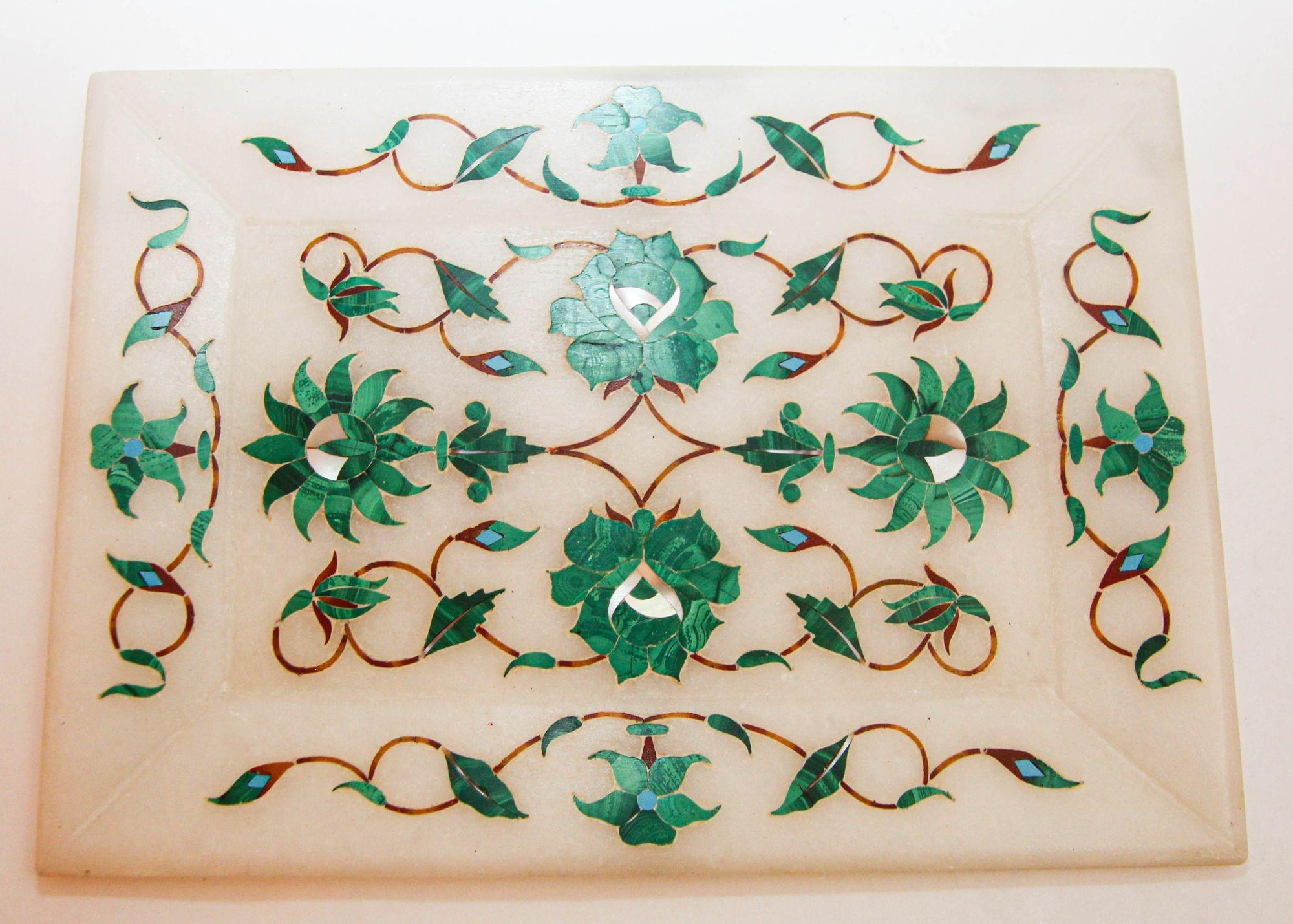 Pietra Dura White Mosaic Inlaid Marble Dish Handcrafted Agra India 1950 ...