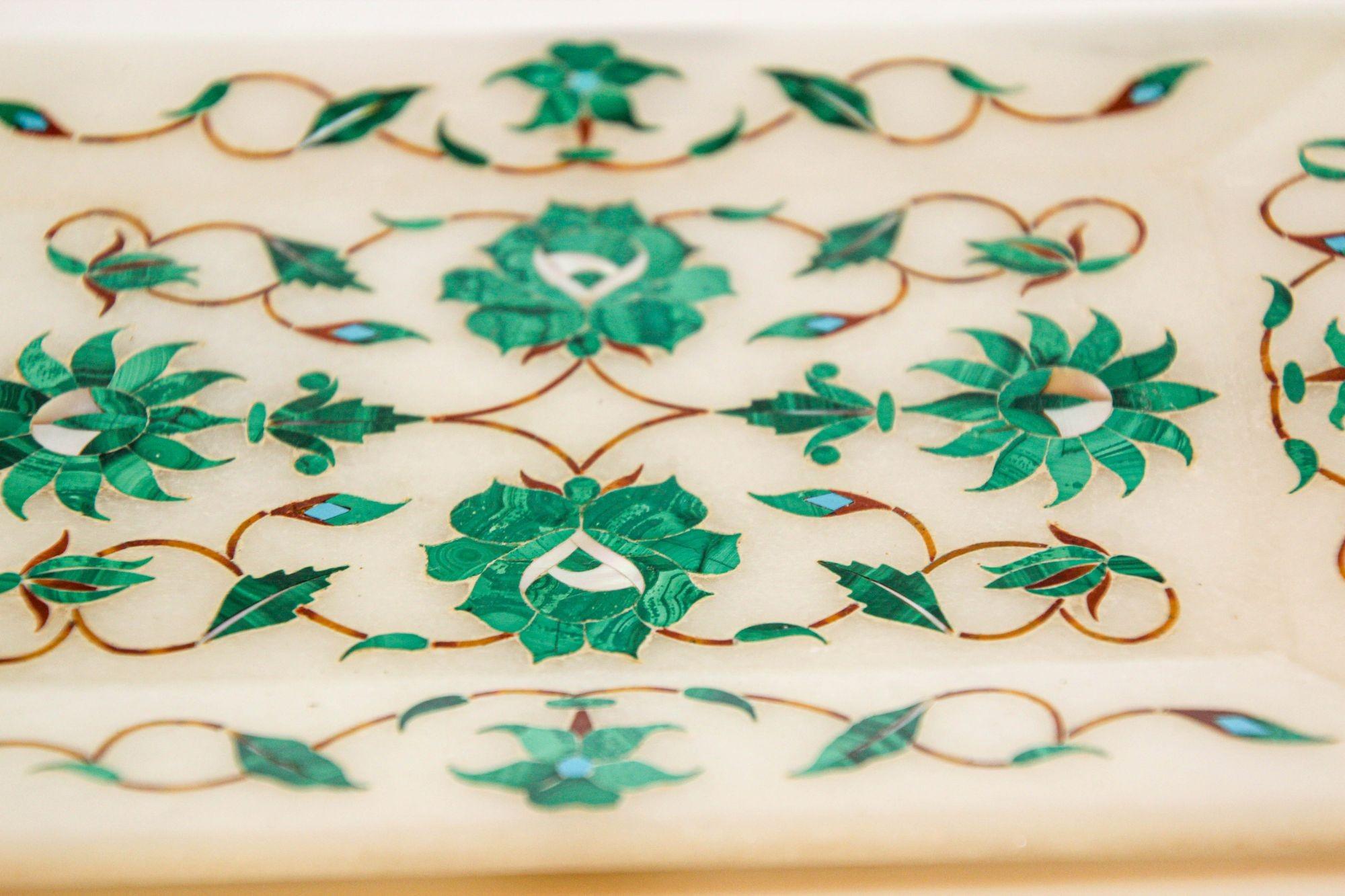 Pietra Dura White Mosaic Inlaid Marble Dish Handcrafted Agra India 1950 ...