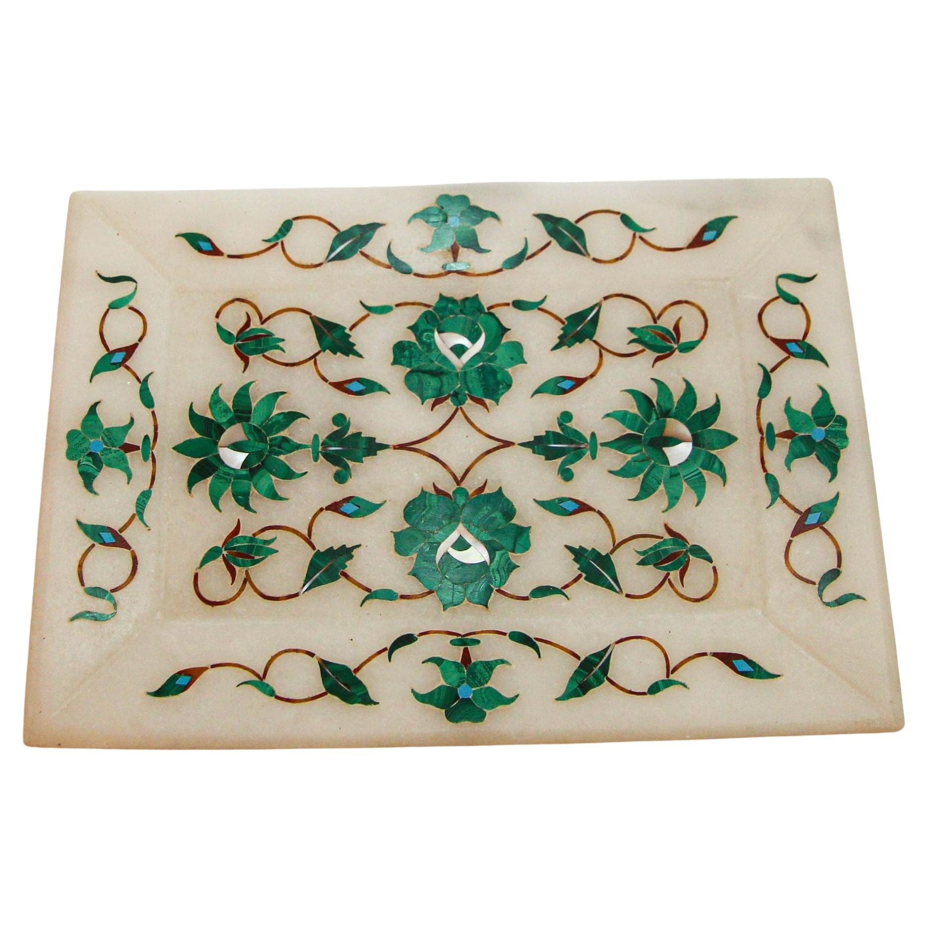 Pietra Dura White Mosaic Inlaid Marble Dish Handcrafted Agra India 1950 ...
