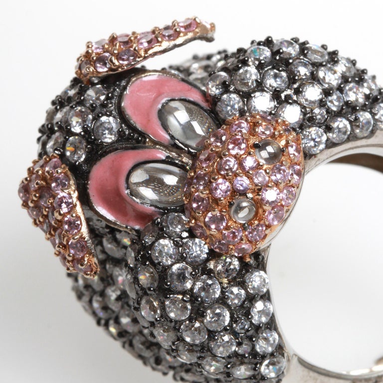 Pig ring with pink and clear CZ stones in silver band For Sale at 1stDibs