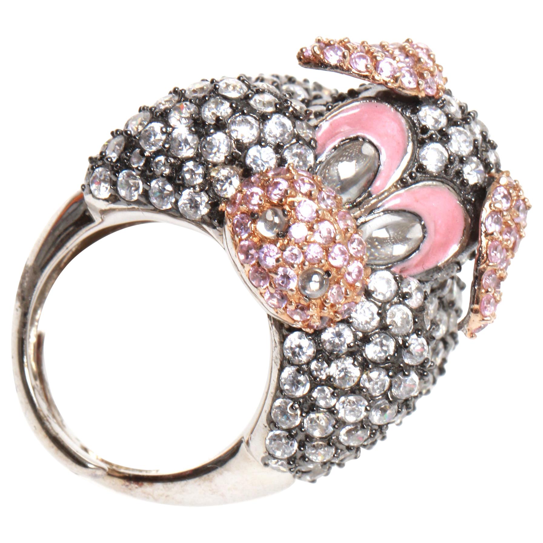 Pig ring with pink and clear CZ stones in silver band For Sale at 1stDibs