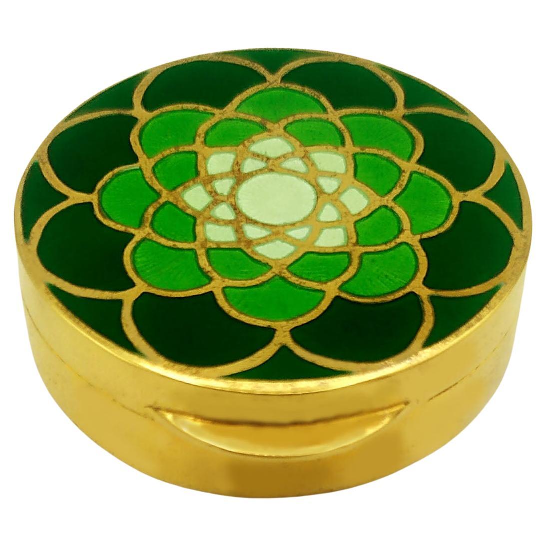 Pill box Green tone Art Deco design fired enameled Sterling Silver ...