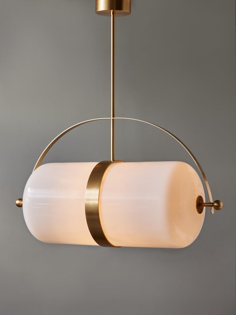 Pill Shaped Brass and Opaline Glass Suspension For Sale at 1stDibs