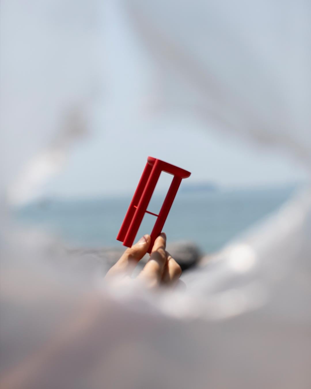 Pillar Bar Stool 3 Legged Wood and Lacquered, Red For Sale at 1stDibs